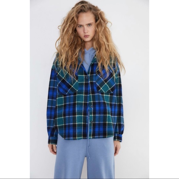 Zara | Tops | Zara Oversized Green And Blue Oversized Shirt Shacket Nwt ...